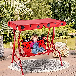 Costzon Patio Swing,All-Weather Porch Swing w/Safety Belt, 2 Seats Outdoor Lounge Chair Hammock w/Removable Canopy, Outdoor Swing Bench for Backyard Lawn Garden (Ladybug Pattern,Red)