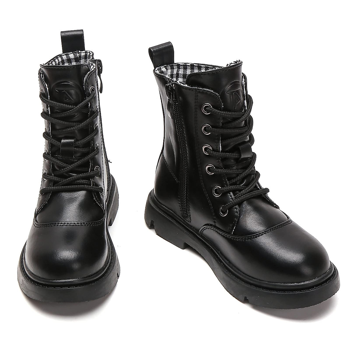 kkdom Boys Girls Waterproof Lace Up Side Zipper Mid Calf Combat Boots(Toddler/Little Kid/Big Kid) Black US Size 2 M Little Kid