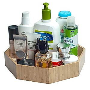 MobileVision Bamboo 360 Rotating Bathroom Toiletry & Cosmetic Spinning Tray for Countertops and Vanity with Lazy Susan Turntable, 10” Diameter with 2” Ledge