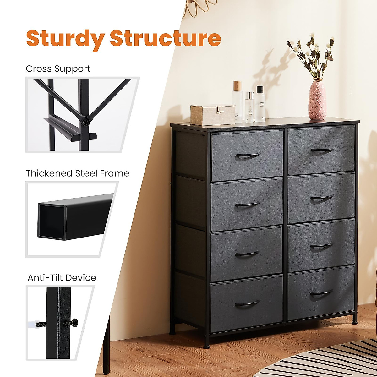 Sweetcrispy 8 Drawers Dresser for Bedroom, Kidsroom Furniture, Tall Chest Tower, Storage Organizer Units for Clothing, Closet, Fabric Bins, Wood Top, Steel Frame, Lightweight, Assemble Tools Include