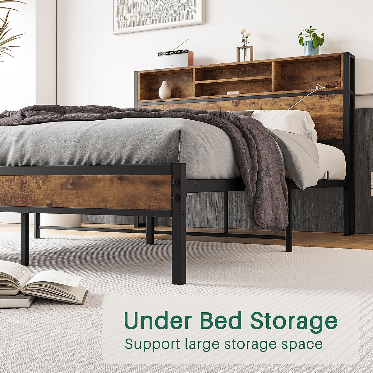 Crocofair Bed Frame Full Size with Bookcase Headboard/USB Charging Station,Metal Platform Bed, Mattress Foundation,No Box Spring Needed,Noise-Free,Black & Rustic Brown