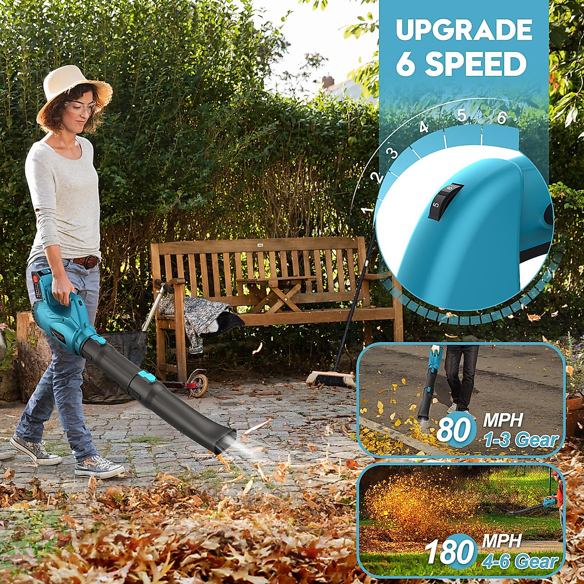 Cordless Leaf Blower Battery Powered 21V 4000mAh, 320 CFM 180 MPH Brushless Axial Electric Blower W/Battery and Charger, Turbo Fan 6 Variable Speed Leaf Blower for Lawn Care Patio Driveway Snow Dust