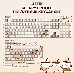 YUNZII Boba Dye Sub PBT Keycaps,154 Full Keys Dye Sublimation PBT Custom Keycaps with Key Puller for Cherry Gateron MX Switches Mechanical Gaming Keyboard (Cherry Profile, Boba)