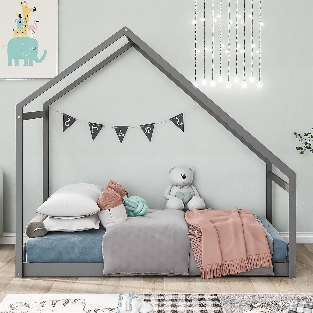 Bellemave Montessori Bed for Toddlers, Twin House Beds for Kids, Wood Floor Bed Frame Bedroom Furniture for Girls Boys, Spring Needed, Gray