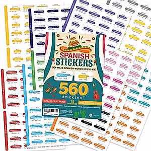 535 Spanish/English Vocabulary Word Sticker Labels – Educational Language Learning Resource for Memory & Sight – Fun for Around The House Game Play - Kids, Grade School, Classroom or Homeschool