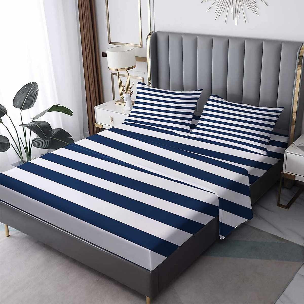 zcsm Nautical Sheets Queen Sheet Set - Navy Blue and White Stripe Bed Sheets, Soft Microfiber & Deep Pocket & Wrinkle Free Bedding Sheets & Pillowcases, 1 Fitted Sheet, 1 Flat Sheet, 2 Pillow Cases