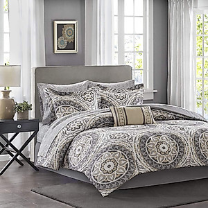 D&H 9 Piece Light Grey Medallion Comforter King Set, Beautiful All Over Bohemian Boho Chic Bedding, Multi Floral Paisley Mandala Motif Themed, Damask Flower Pattern Design, Taupe Tan Dark Gray