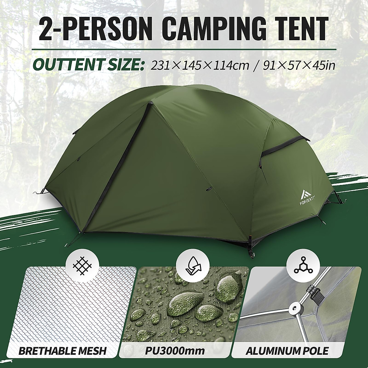 Forceatt Tent 2-3 Person Camping Tent, Waterproof and Windproof 3-4 Seasons Ultralight Backpack Tent, can be Installed Immediately, Suitable for Hiking, Camping, Outdoor (2-Person-Dark Green)