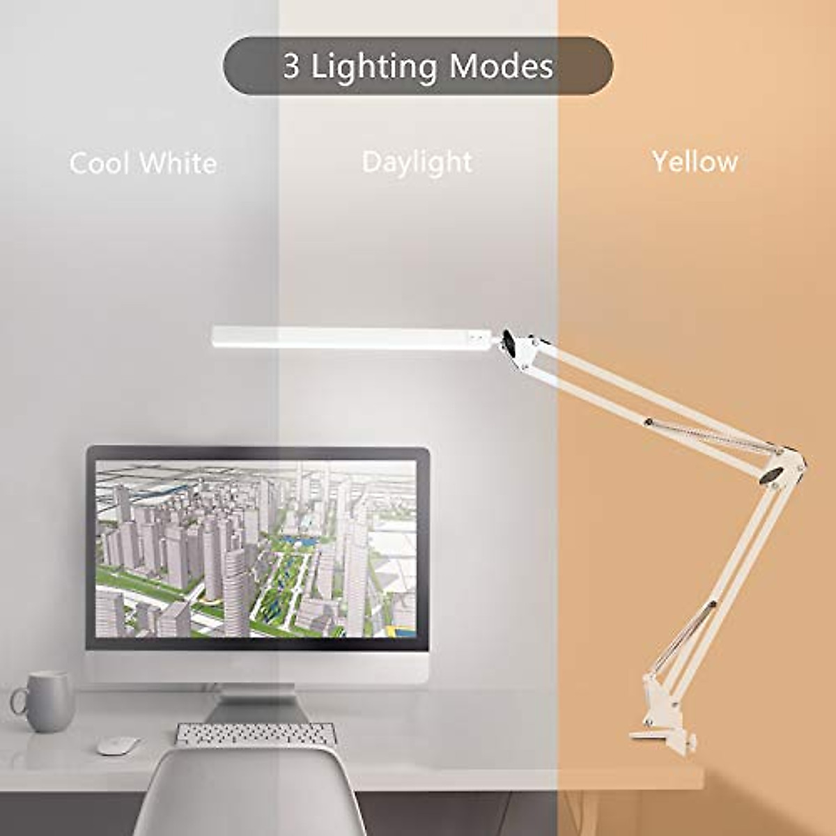 PSIVEN LED Desk Lamp, Architect Task Lamp, Metal Swing Arm Drafting Table Lamp with Base and Clamp (3 Color Modes, 10-Level Dimmer, Memory Function) Highly Adjustable Office, Craft, Workbench Light