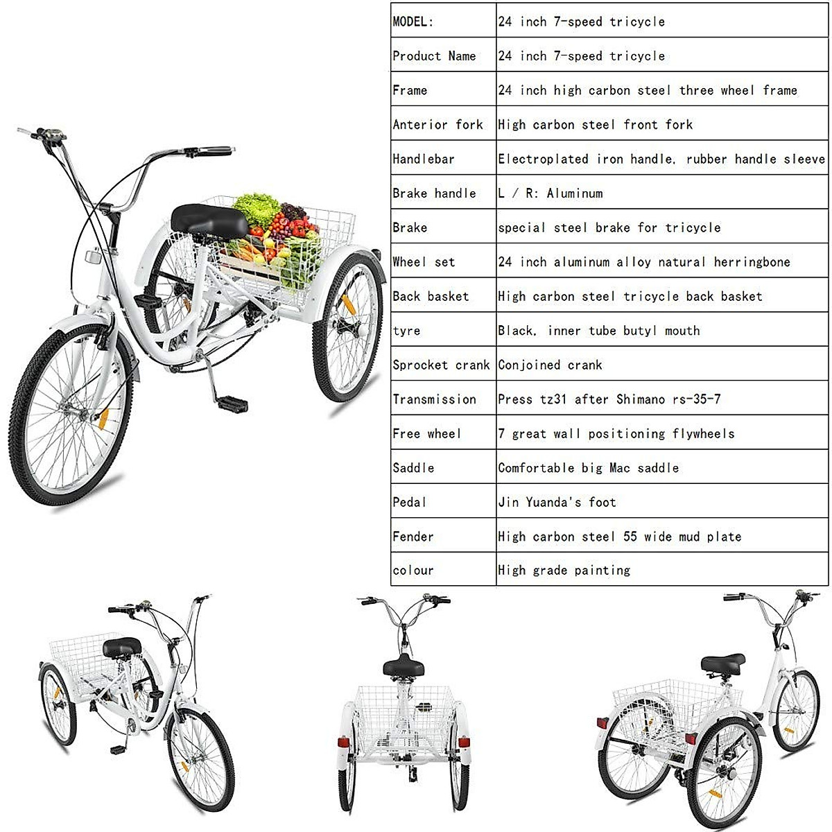 Adult Tricycle Bike 1/7 Speed 3-Wheel for Shopping W/Installation Tools Three-Wheeled Bicycle for Men and Women (White)