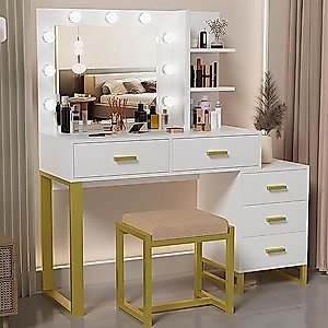 Hsozptry Makeup Vanity Desk with Mirror and Lights,Makeup Vanity Table Set with 5 Drawers,Cushioned Stool and Lightings, 45.51 inch Dressing Table for Bedroom Women Girls