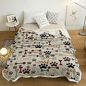 CHARMHOME Fluffy and Soft Plush Sherpa Fleece and Coral Reversible Blanket 59"x79",Cartoon Dog Footprints and Bones Throw Blanket for Children and Adult,Machine Washable Non-Shedding