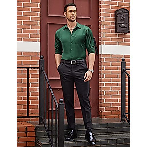COOFANDY Men's Luxury Dress Shirts Long Sleeve Satin Silk Like Button Down Shirt Party Weddding Prom Army Green, Medium