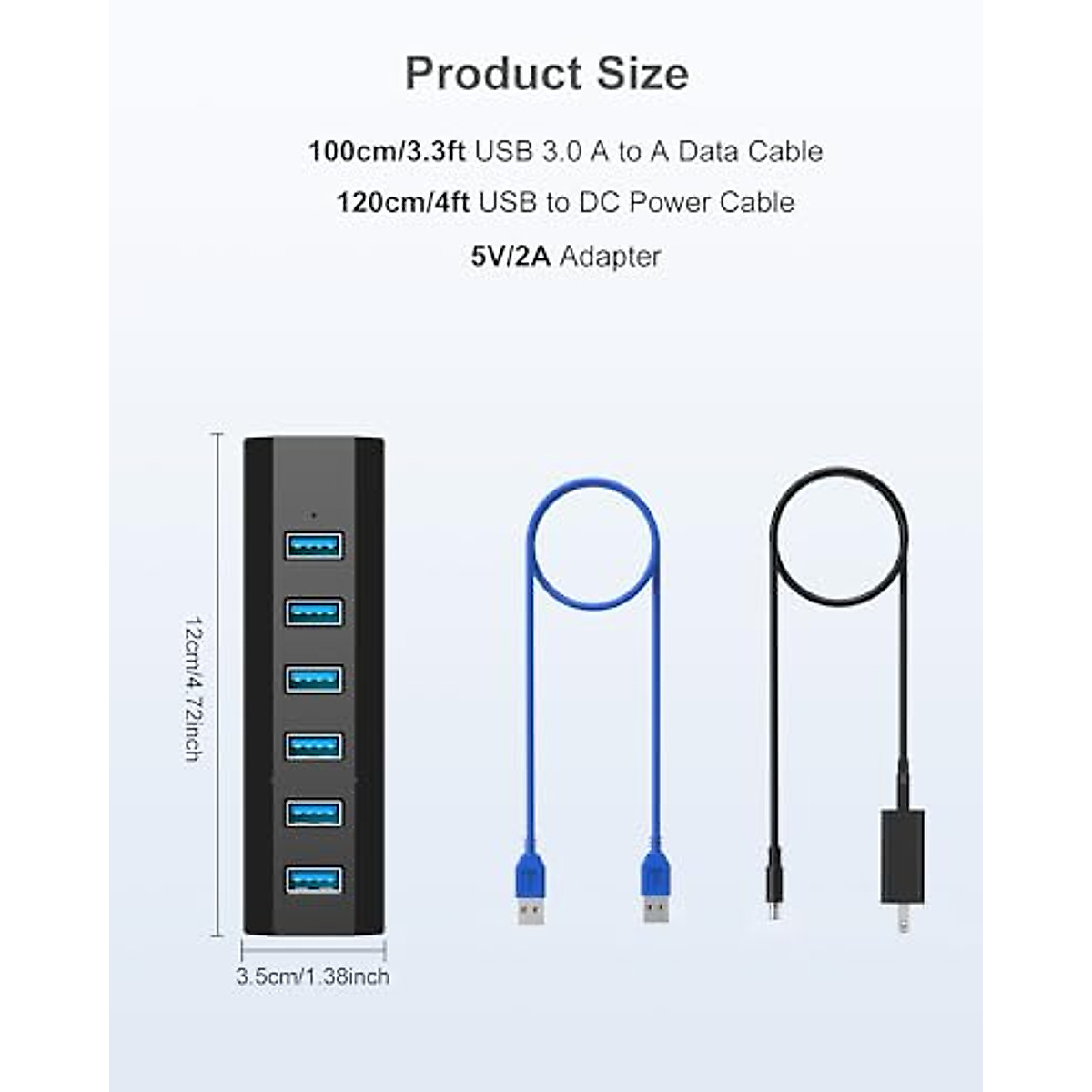 USB Hub, Aiibe 6 Ports Super High Speed USB 3.0 Hub Splitter + 10W Power Adapter + USB 3.0 Cable, Black Smart Fast Charger Powered USB Hub for Laptop, Mac, PC, Mobile HDD, Mulitple Devices