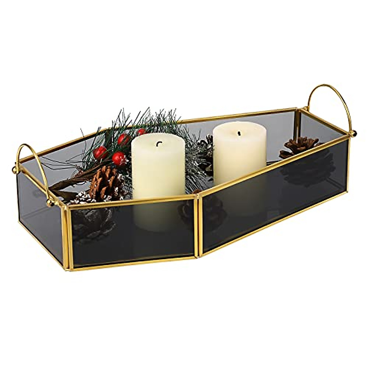 ELLDOO Gold Black Glass Coffin Tray, Gothic Home Decor Jewelry Tray, Coffin Shape Serving Tray, Spooky Decorative Tray Candle Tray with Handle for Halloween
