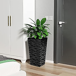 QCQHDU 2 Pack Tall Planters,16.5 Inch Square Tapered Flower Pots Outdoor Indoor Tree Planter, Modern Wavy Finish Decorative Planters for Front Porch Home Garden Patio (Black)…