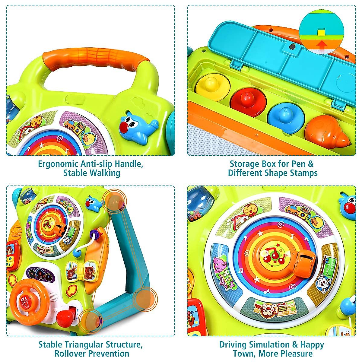 BABY JOY Sit-to-Stand Walker, 3 in 1 Baby Walker, Drawing Board, Entertainment Table, Kids Activity Center w/Lights, Music, Phone, Steering Wheel, Educational Push Toy for Toddlers (Blue)