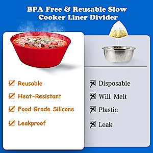 Silicone Slow Cooker Liners fit for 6-7 QT Crockpot, Silicone Slow Cooker Divider Liner, Reusable/BPA Free/Leakproof/Slow Cooker Accessories Cooking Liner for 6-7 Quart Pot - Red