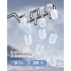HOMEZAY Ice Maker Countertop, 9 Cubes Ready in 6 Mins, 26 lbs per Day, Ice Machine with 2 Ice Sizes and Self-Cleaning, Portable Ice Maker with Handle for Home, Kitchen, Camping, RV, Office, Black
