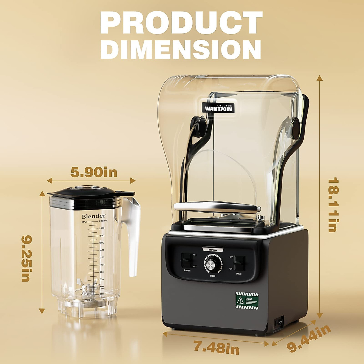 Wantjoin Professional Blender, Commercial Quiet blender Soundproof Blender 2200ml with Cover for Crushing Ice,Smoothie,Puree,Blender for Kitchen 1800W (Grey)