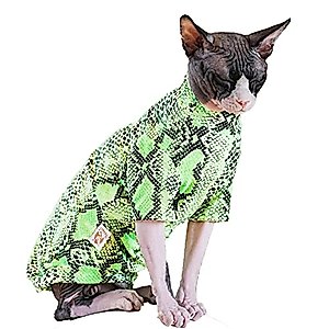 Sphynx Hairless Cat Clothes Spring Summer Limited Edition Snake Skin Pattern Cotton T-Shirts Elasticity Turtleneck Pet Clothes for Cat (M (6-7.7lbs), Fluorescent Green)