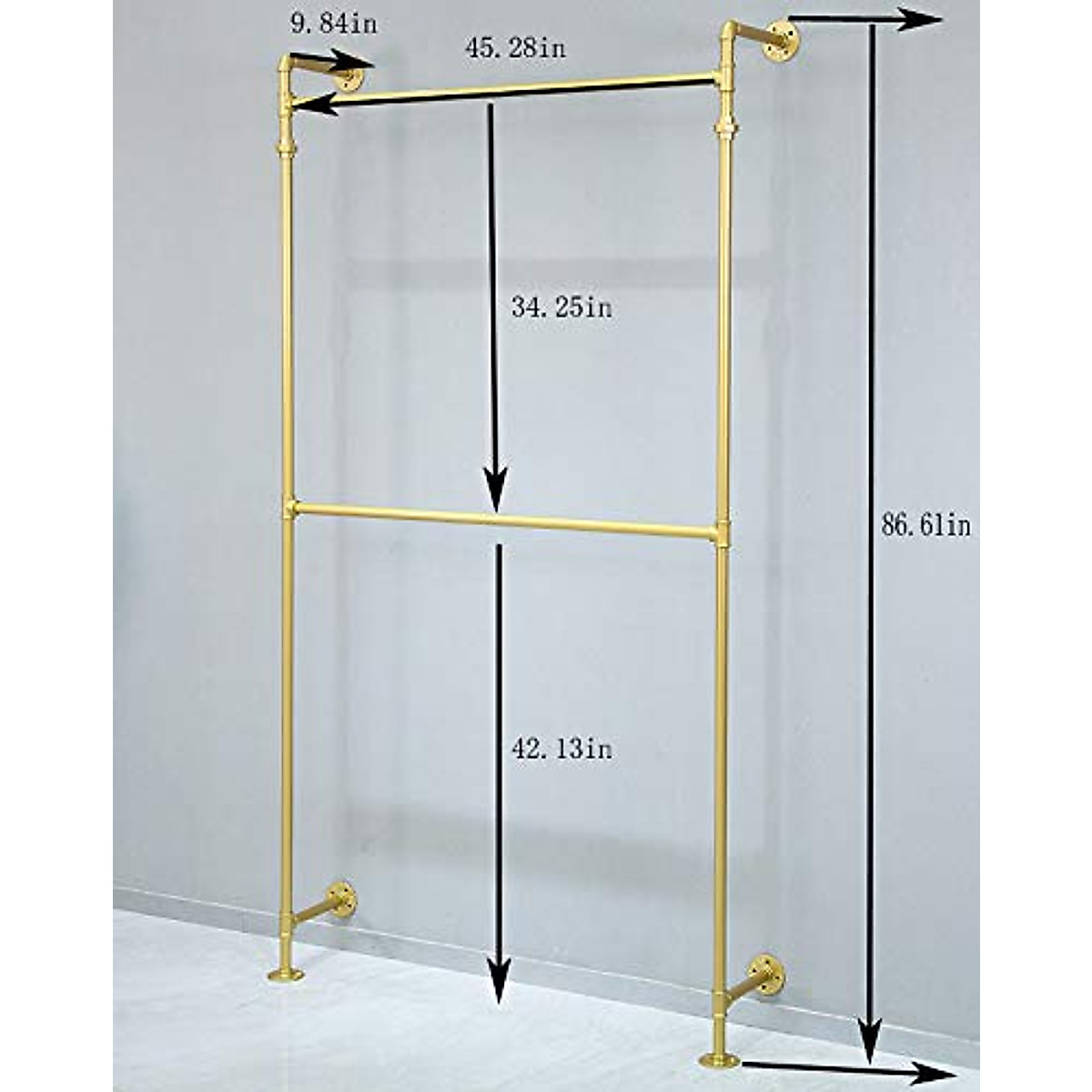 Industrial Pipe Clothes Rack, Wall Mounted Black Iron Garment Bar, Multi-Purpose Hanging Rod for Closet Storage (Gold)