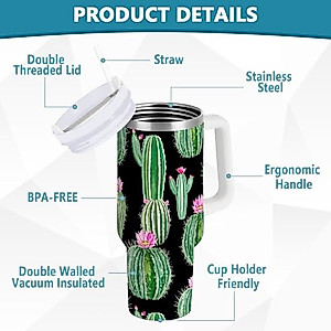 ODAWA 40oz Travel Insulated Tumblers with Straw and Handle, Cacti Pink Flowers Black Double Wall Insulated Tumbler