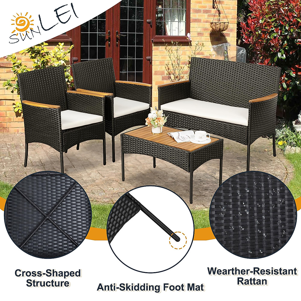 SUNLEI Multi Pieces Outdoor Patio Furniture Sets Conversation Sets Rattan Chair Wicker Set,Glass Table,Outdoor Indoor Use Backyard Porch Garden Poolside (Black, 4 PCS-White/Wood Tabletop)…