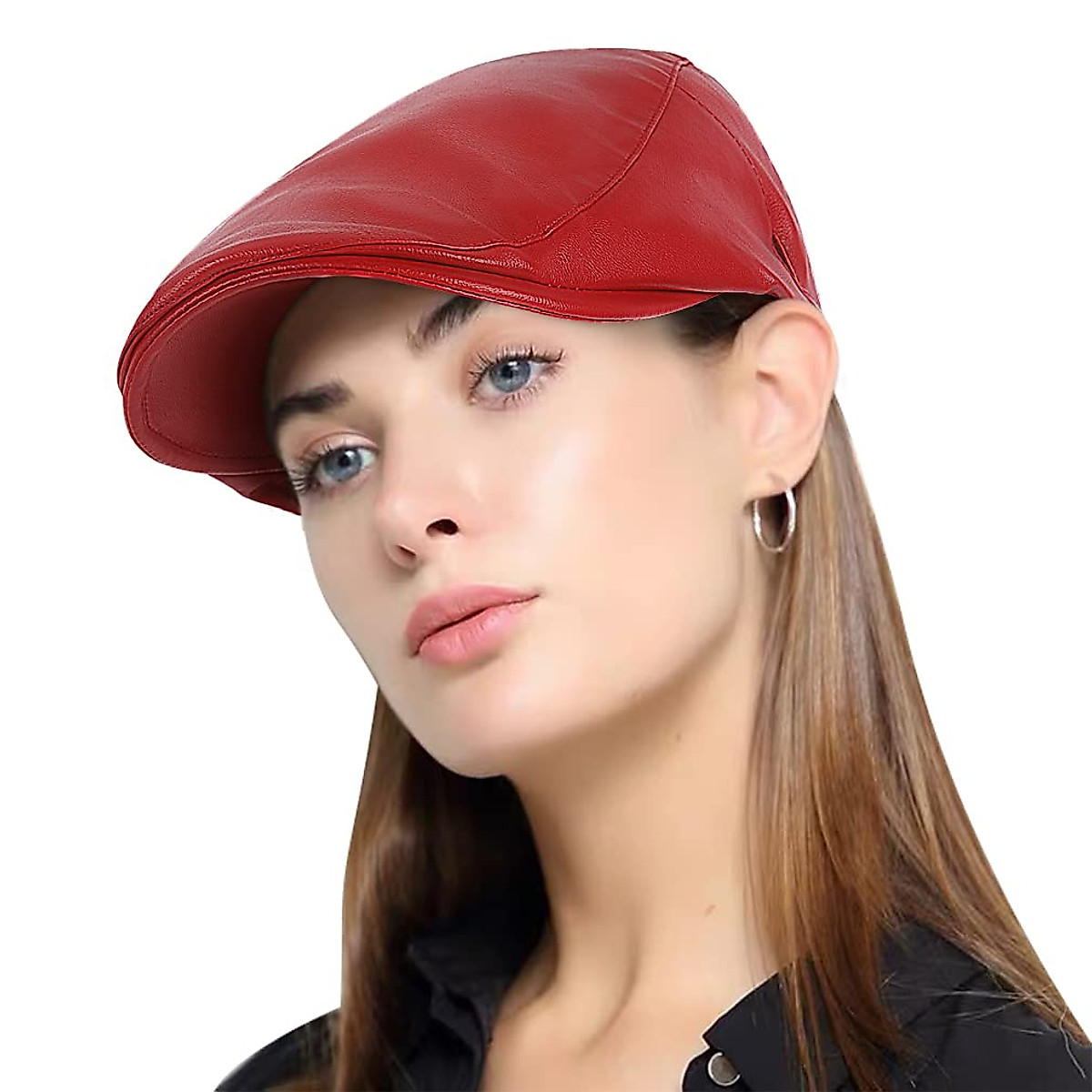 DOCILA Red Leather Flat Herringbone Caps Buckle Adjustable Pageboy Hat Portable Newsboy Hunting Cap (Red)