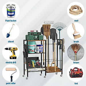 SHINOSKE Garden Tool Organizer with 3-Tier Shelves,Garden Tool Storage Rack with Wheels,Yard Tool Rack for Garage Organization and Storage,Hold Long-Handled Tool,Broom,Rake,3Hooks,Shed,Outdoor