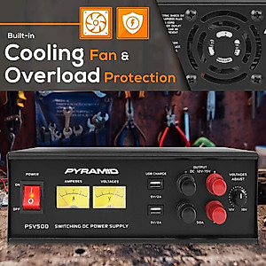 Pyramid PSV500 Universal Compact 50 Amp Adjustable 12 to 15 Volts Output Home Bench Power Converter Supply, with 2 USB Ports and Overload Protection