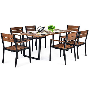 Tangkula 7 Pieces Patented Wood Patio Dining Set with Umbrella Hole, 6 Heavy Duty Acacia Armrest Chairs and Rectangle Table Set, Suitable for Deck Lawn Garden Poolside and Backyard