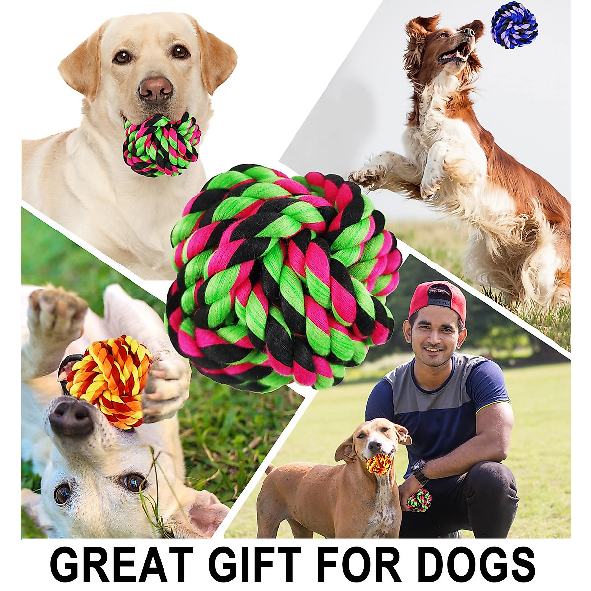 LosFong Large Dog Chew Toys for Aggressive Chewers, 6 Pack Almost Indestructible Dog Balls for Large Dogs, Heavy Duty Dental Cotton Dog Rope Toy for Medium Dogs, Puppy Teething Chew Toys