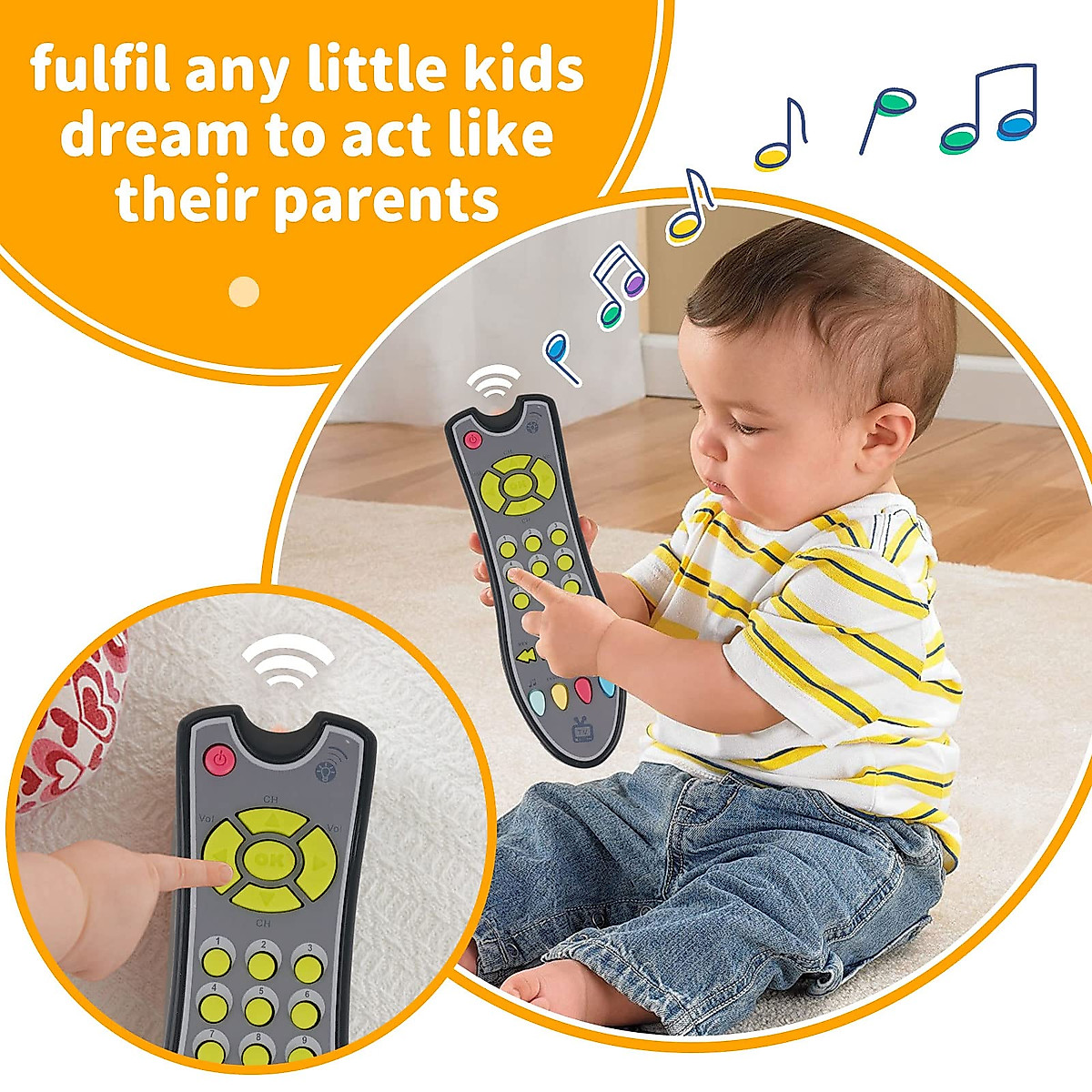 POYAMOC TV Remote Control Toy/Musical Play with Light and Sound/for 6 Months+ Toddlers Boys or Girls Preschool Education/Three Language Modes: English, French and Spanish/Black Body,(Colored Buttons)