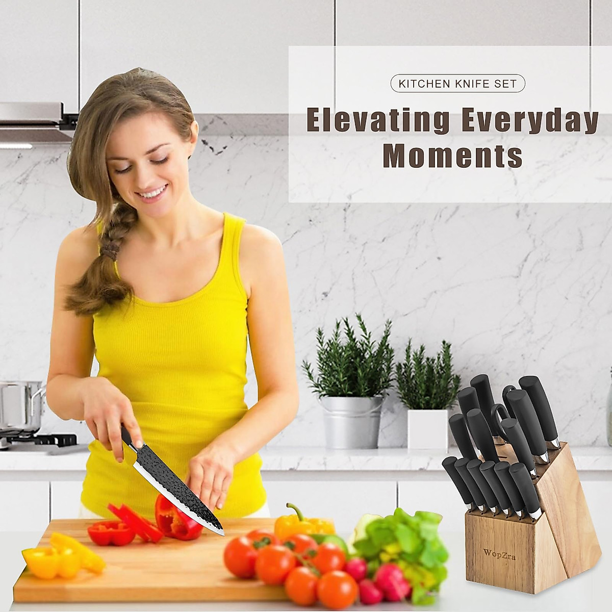 Kitchen Knife Set Non Stick Knives with Wood Storage, Serrated Steak Knife, Chef Knife, Scissors with Sharpener, 15Pcs Ultra-Sharp Cutlery Block Sets for Home & Pro Use Best Gift (Black)