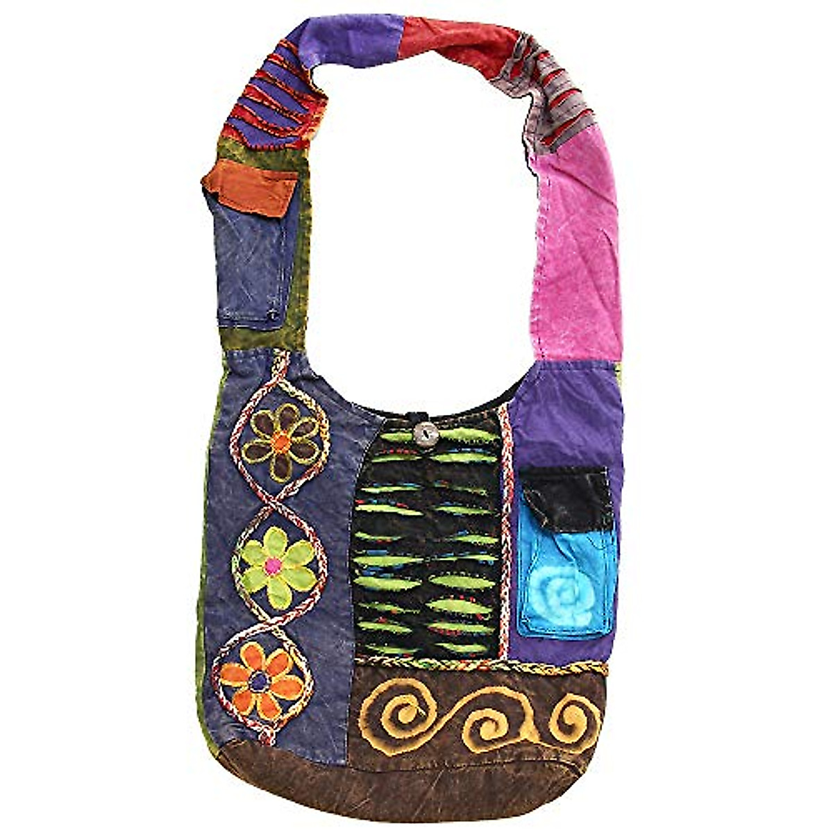 Bohemian Hippie Crossbody Shoulder Bag Sling Cotton Handmade Variety Patterns (2078 - Flower)