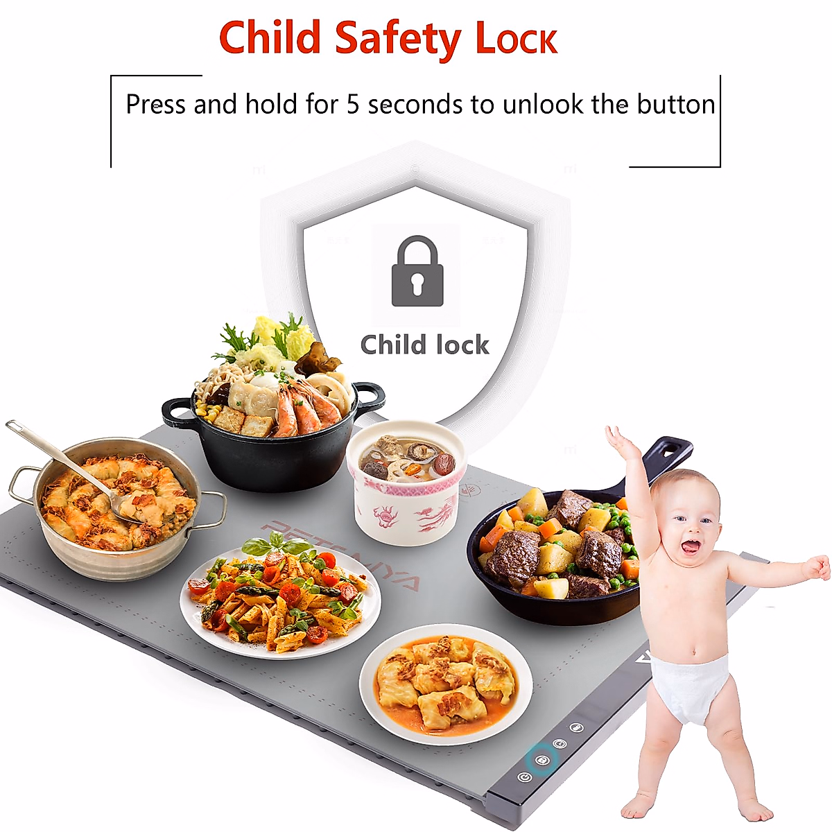 PETSMYA Food Warming Mat, Elevated Design for Countertop Protection Electric Warming Tray, 10s Fast Heating Warming Mat for Food, 6-Temperature Settings Food Warmer Mat, for Parties (Dark Grey)