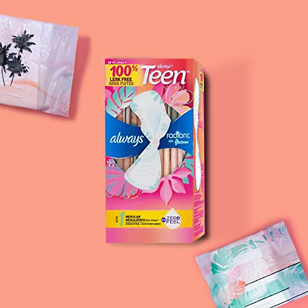 Always Radiant Teen Feminine Pads For Women, Size 1 Regular Absorbency, With Flexfoam, With Wings, Unscented, 42 Count