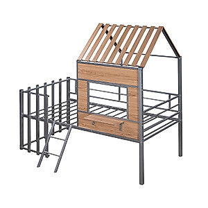 Bellemave Twin House Beds Low Loft Bed Frames Metal Toddler Tree House Bed with Windows and Roof for Kids Teens Girls Boys, Silver