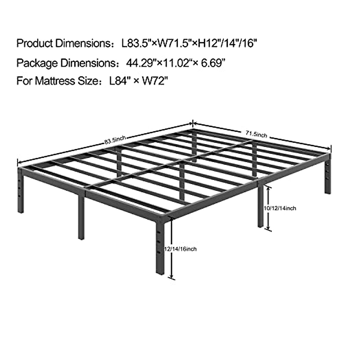 COMASACH California King Size Metal Bed Frame No Box Spring Needed, 12 Inch Noise Free Black Platform Bed Base, Easy Assembly, Heavy Duty Steel Slat Support Non Slip Mattress Foundation