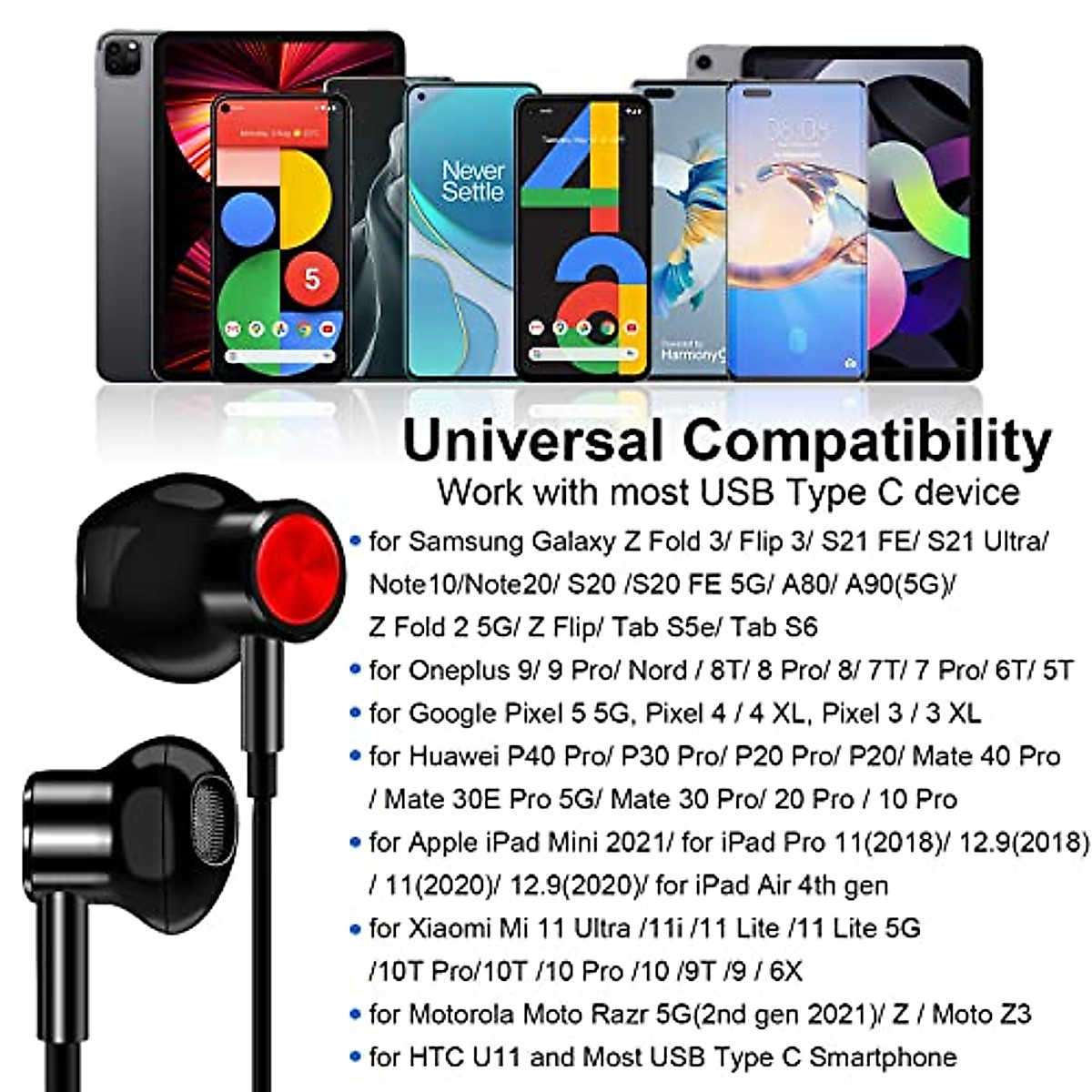 Jelanry USB C Headphone with Microphone, USB Type C Earbuds Magnetic Wired Earphone Volume Control for iPad Mini Air Samsung Z Fold 4 Flip 3 Galaxy S22 S21 S23 Pixel 7 Pro OnePlus 11 10 9 Pro, Black