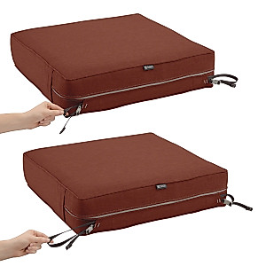 Classic Accessories Montlake Water-Resistant 25 x 25 x 5 Inch Square Outdoor Seat Cushion, Patio Furniture Chair Cushion, Heather Henna Red, Outdoor Cushion Cover