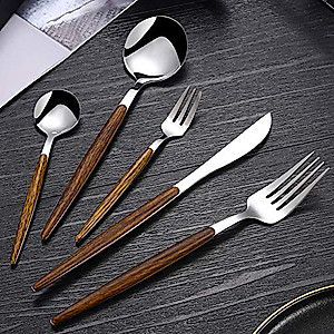 20-Piece Silverware Set with Faux Wooden Handle, Stainless Steel Flatware Set, Tableware Cutlery Set for 4 Including Forks Spoons Knives, Utensil Set for Home and Restaurant,Hand Wash Recommended