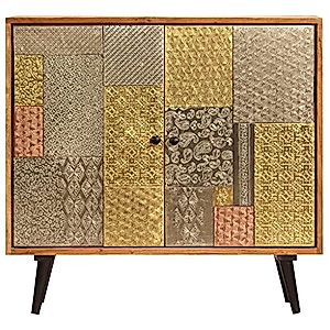 VanTook Mid Century Sideboard Storage Cabinet Wood Buffet Server Cabinet with 2 Metal Details Doors, Industrial Storage Organizer for Living Room Kitchen Entryway Brown