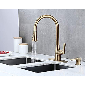 Derengge Brushed Gold Kitchen Faucet Single Handle Pull-Down Kitchen Sink Faucet with Soap Dispenser and Deck Plate, Faucet for Farmhouse, Camper, Laundry, Rv, Bar,KF-058DS-CS