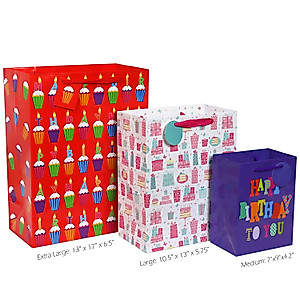 FZOPO Kids Birthday Gift Bag Assortment, Heavy Duty Paper Gift Bags, Red, Blue, Purple, Yellow, Brown, Pack of 12 Small, Medium, Extra Large Bags for Birthdays, Kid Party, Childrens Day