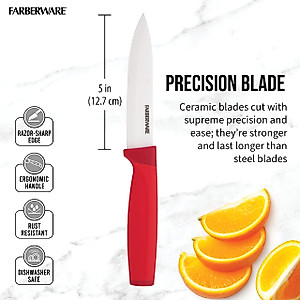 Farberware Ceramic 5-inch Utility Knife with Custom-Fit Blade Cover, Razor-Sharp Kitchen Knife with Ergonomic, Soft-Grip Handle, Dishwasher-Safe, 5-inch, Red