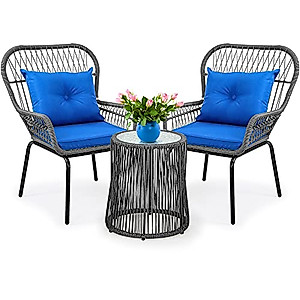 YITAHOME 3-Piece Outdoor Patio Furniture Wicker Bistro Set, All-Weather Rattan Conversation Chairs for Backyard, Balcony and Deck with Soft Cushions, Glass Side Table (Gray+Navy Blue)