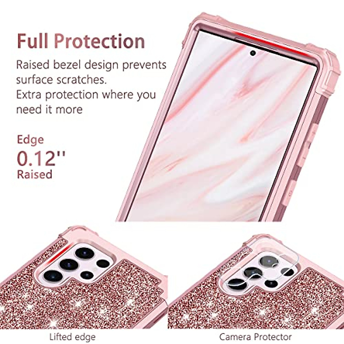 LONTECT for Galaxy S23 Ultra Case with 2 Camera Lens Protector,Three-Layer Shockproof Heavy Duty Full Body Sturdy Protective Case for Samsung Galaxy S23 Ultra 5G,Rose Gold