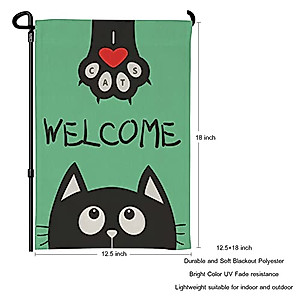 HOSNYE Welcome Black Cartoon Cat Burlap Garden Flag Double Sided Black Cat Paw Print with Red Hearts Garden Flags 12x18 inch for Yard Outdoor Decor